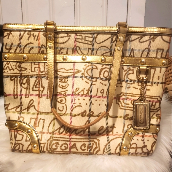 Coach | Bags | Authentic Golden Multi Font Coach Tote Bag | Poshmark